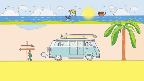 VW BUS on the Beach von Rob Vermin (2021) : Zeichnungen Farbstift auf ...