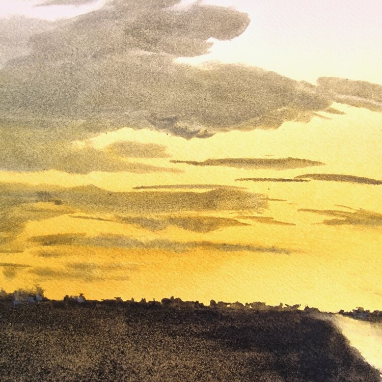 Paisaje Acuarela ATARDECER II. Landscape watercolor, sky, river, sunset ...