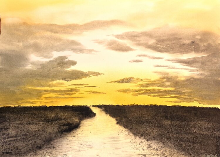 Paisaje Acuarela ATARDECER II. Landscape watercolor, sky, river, sunset ...
