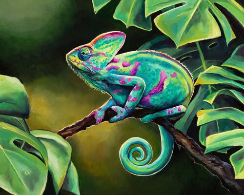 Chameleon painting, Reptile artwork, Tropical animal drawing, Jungle ...